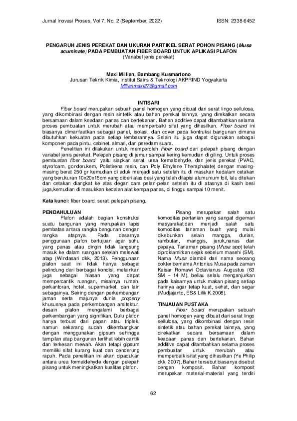 (PDF) PENGARUH JENIS PEREKAT DAN UKURAN PARTIKEL SERAT POHON PISANG ...