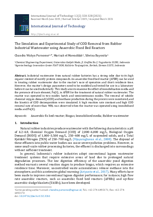 (PDF) The Simulation and Experimental Study of COD Removal from Rubber Industrial Wastewater ...
