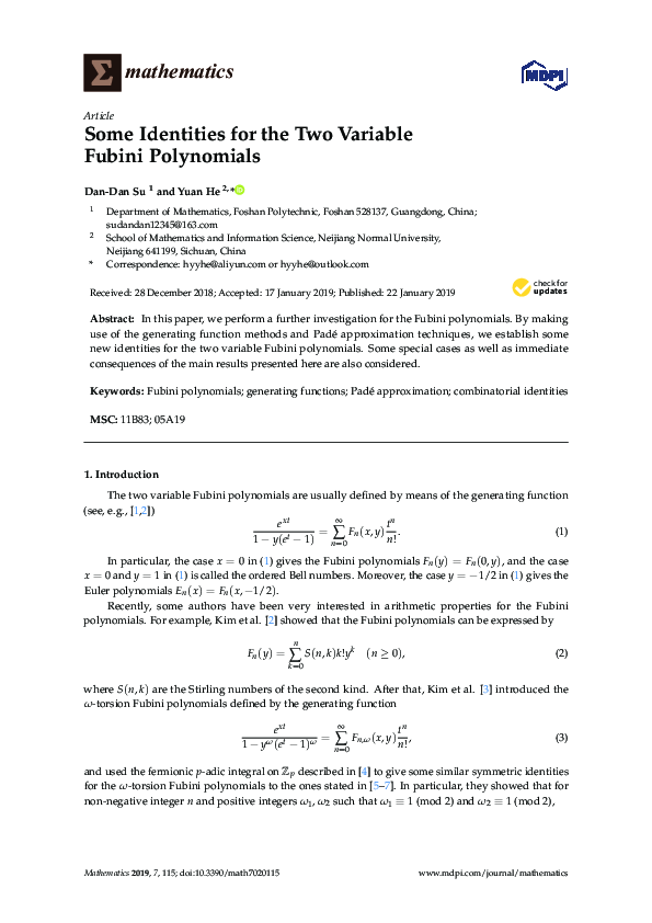 (PDF) Some Identities for the Two Variable Fubini Polynomials