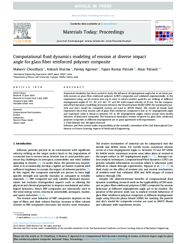 (PDF) Computational fluid dynamics modeling of erosion at diverse impact angle for glass fiber ...