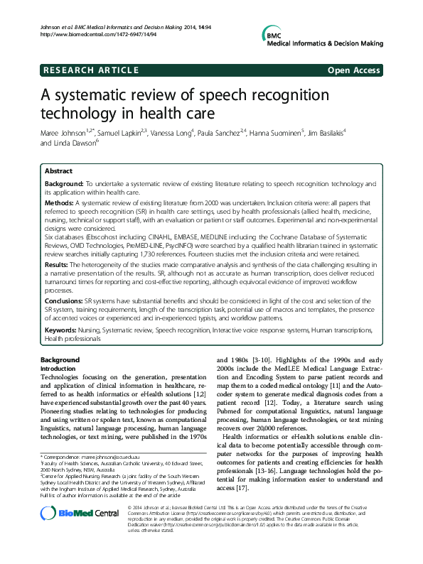 (PDF) A systematic review of speech recognition technology in health care