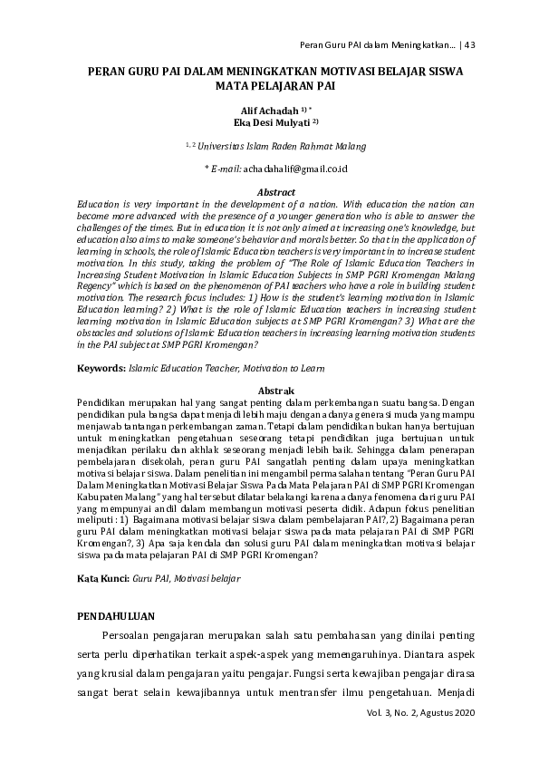 (PDF) Peran Guru Pai Dalam Meningkatkan Motivasi Belajar Siswa Mata Pelajaran Pai | Desi Mulyati ...