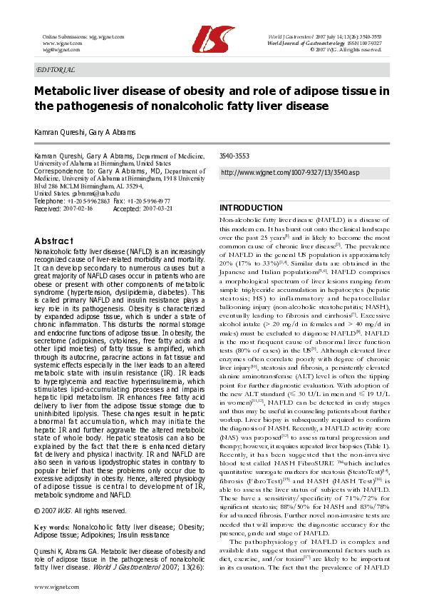(PDF) Metabolic liver disease of obesity and role of adipose tissue in the pathogenesis of ...