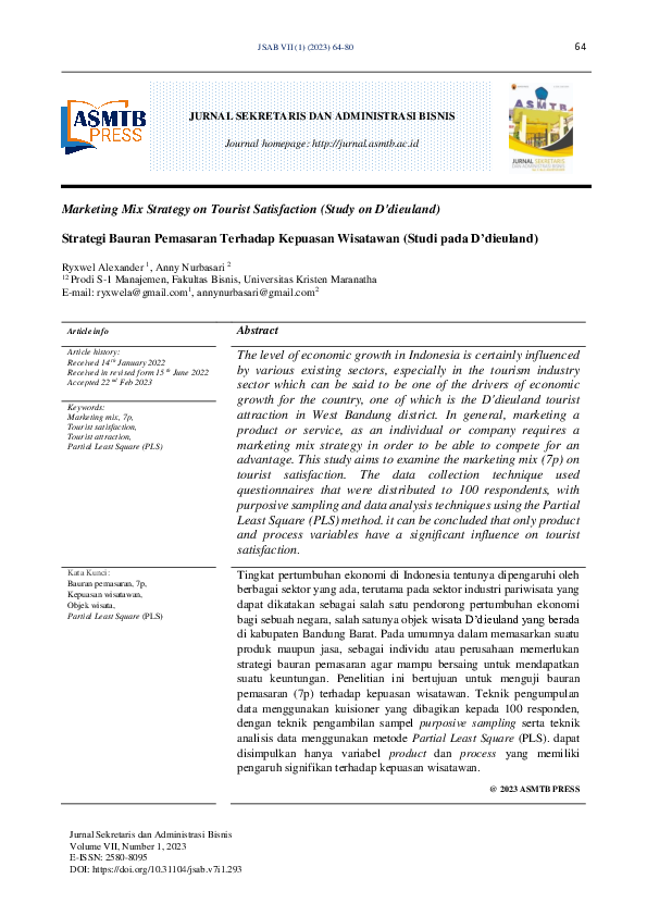 (PDF) Strategi Bauran Pemasaran Terhadap Kepuasan Wisatawan (Studi pada D'dieuland)