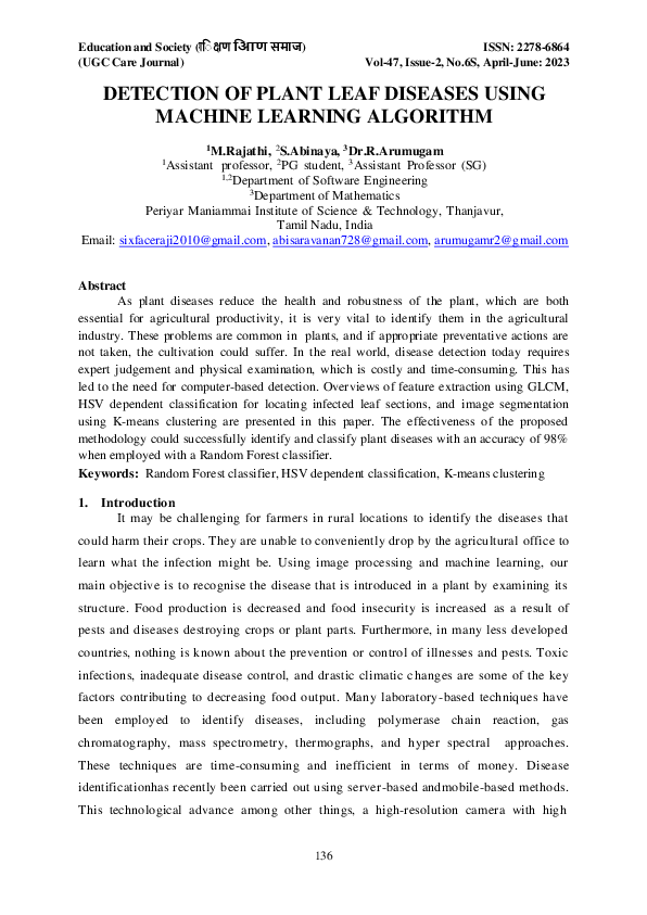(PDF) DETECTION OF PLANT LEAF DISEASES USING MACHINE LEARNING ALGORITHM