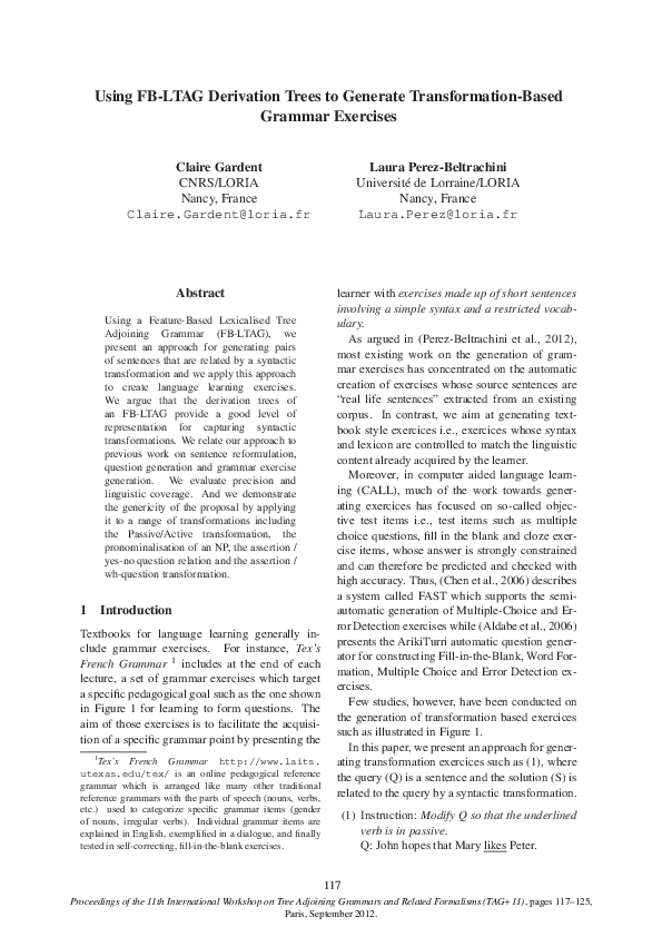 (PDF) Using FB-LTAG Derivation Trees to Generate Transformation-Based ...