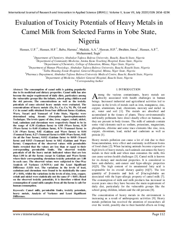 (PDF) Evaluation of Toxicity Potentials of Heavy Metals in Camel Milk ...