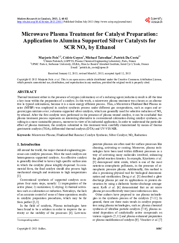 (PDF) Microwave Plasma Treatment for Catalyst Preparation: Application ...