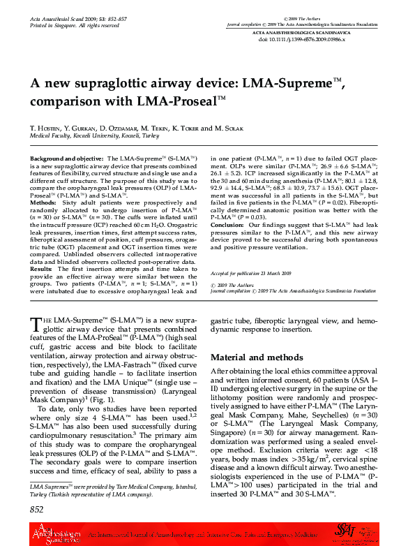 (PDF) A new supraglottic airway device: LMA-Supreme™, comparison with ...