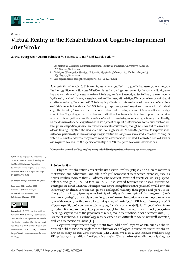 (PDF) Virtual Reality in the Rehabilitation of Cognitive Impairment after Stroke
