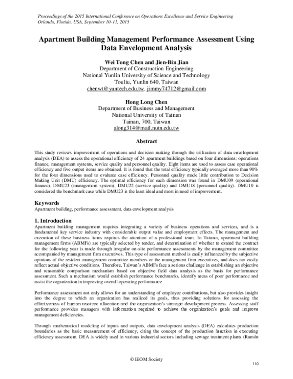 (PDF) Apartment Building Management Performance Assessment Using Data Envelopment Analysis
