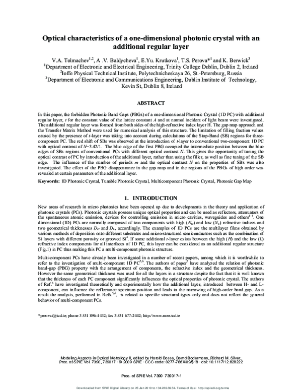 (PDF) Optical characteristics of a one-dimensional photonic crystal with an additional regular layer