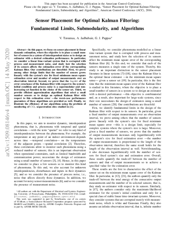 Pdf Sensor Placement For Optimal Kalman Filtering Fundamental Limits Submodularity And
