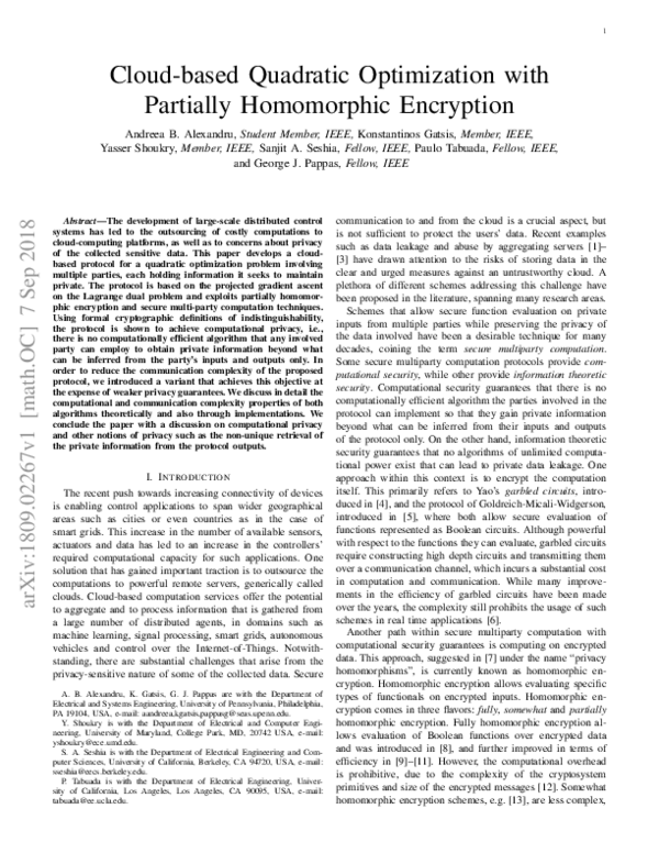 Pdf Cloud Based Quadratic Optimization With Partially Homomorphic Encryption