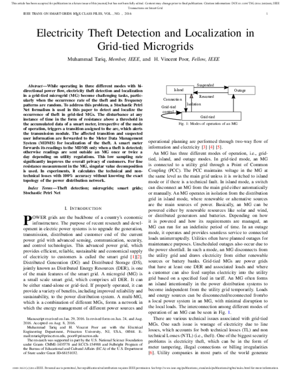 (PDF) Electricity Theft Detection and Localization in Grid-tied Microgrids