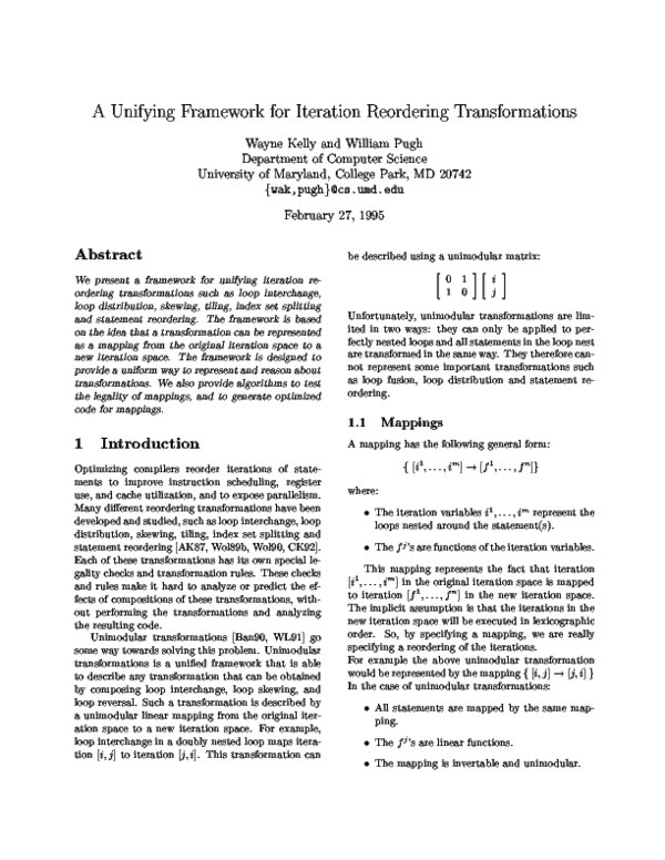 Pdf A Unifying Framework For Iteration Reordering Transformations