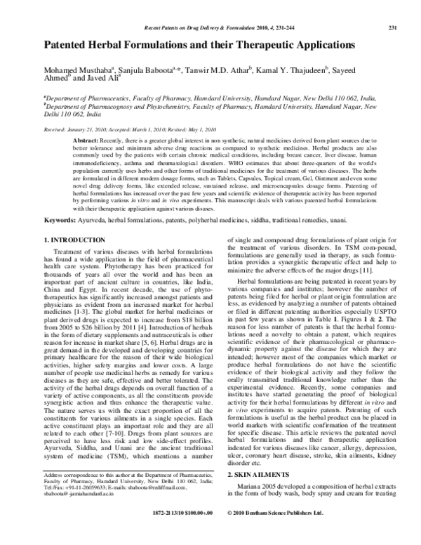 (PDF) Patented Herbal Formulations and their Therapeutic Applications
