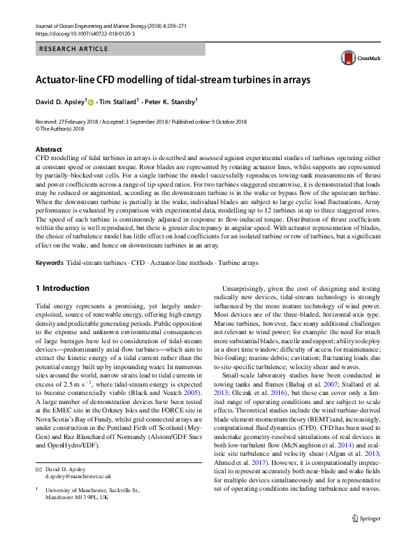 (PDF) Actuator-line CFD modelling of tidal-stream turbines in arrays
