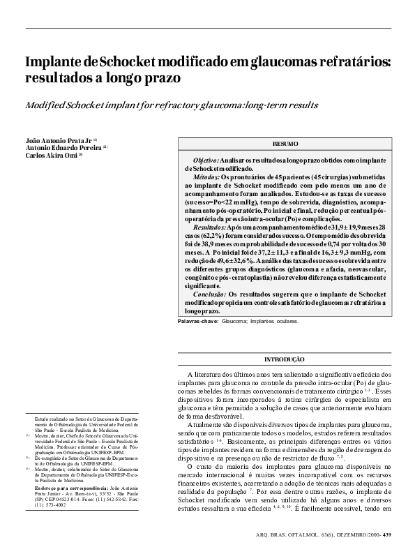 (PDF) Implante de Schocket modificado em glaucomas refratários ...