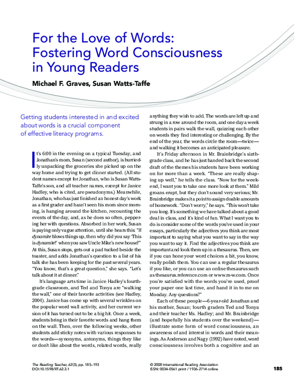 (PDF) For the Love of Words: Fostering Word Consciousness in Young Readers