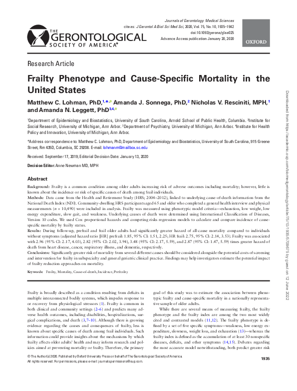 (PDF) Frailty Phenotype and Cause-Specific Mortality in the United States