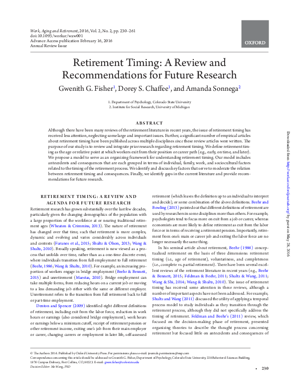 (PDF) Retirement Timing: A Review and Recommendations for Future Research