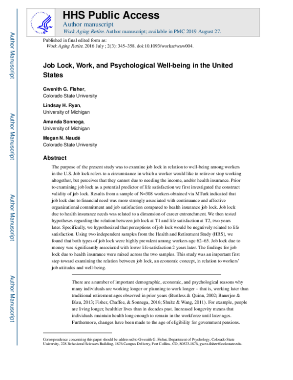(PDF) Job Lock, Work, and Psychological Well-being in the United States