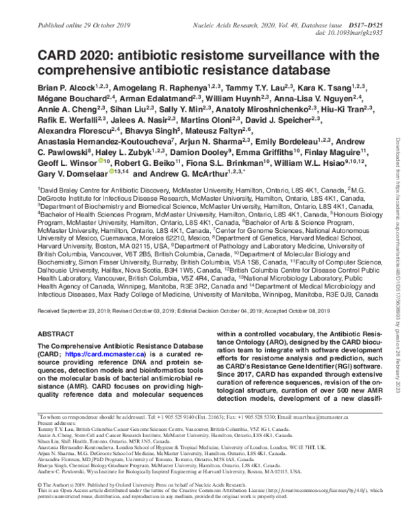 (PDF) CARD 2020: antibiotic resistome surveillance with the ...