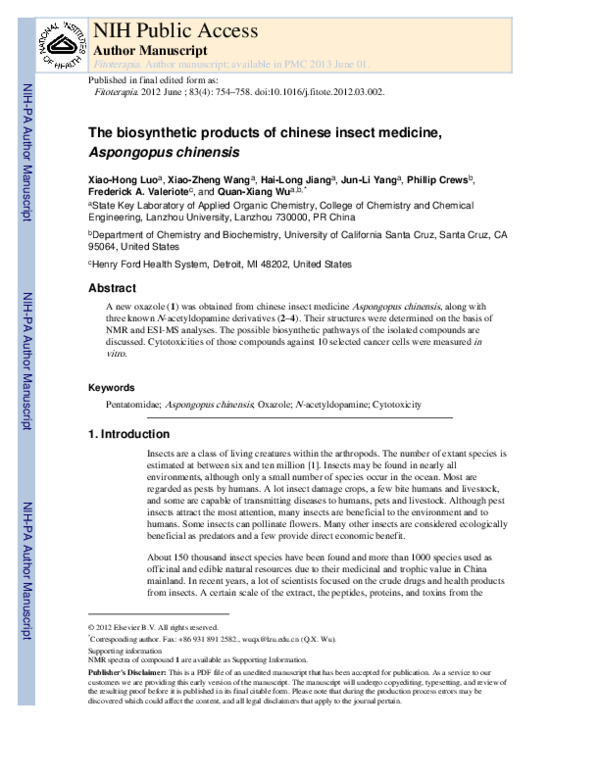 (PDF) The biosynthetic products of Chinese insect medicine, Aspongopus ...