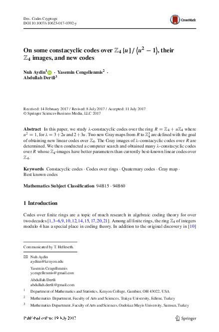 (PDF) On some constacyclic codes over $$\mathbb {Z}_{4}\left[ u\right ...