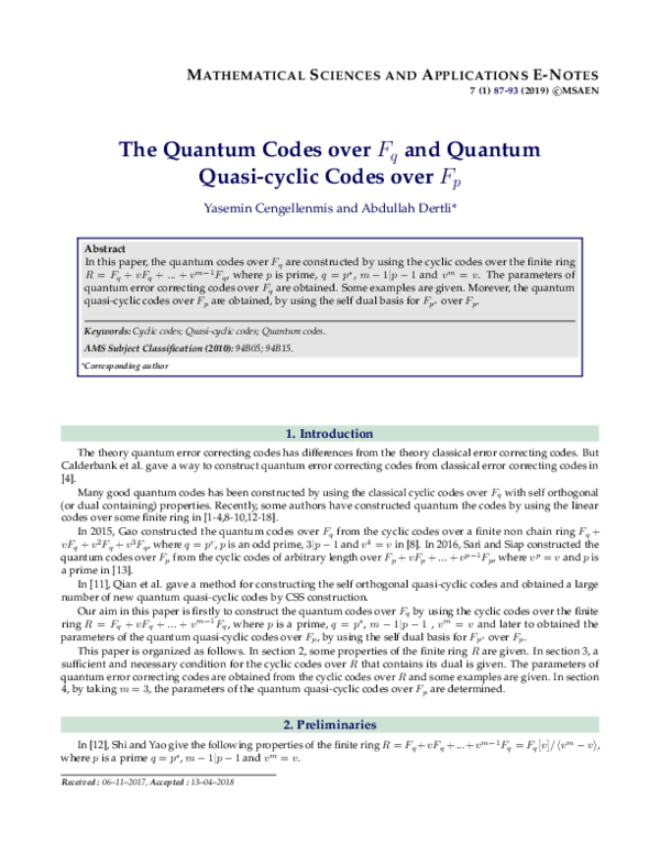 (PDF) The Quantum Codes over F_q and Quantum Quasi-cyclic Codes over F_p