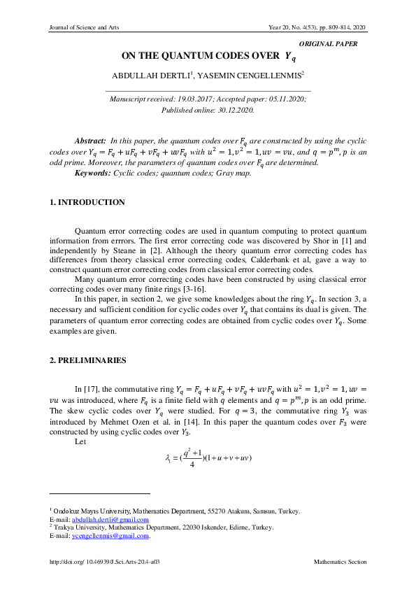 (PDF) On the quantum codes over Yq