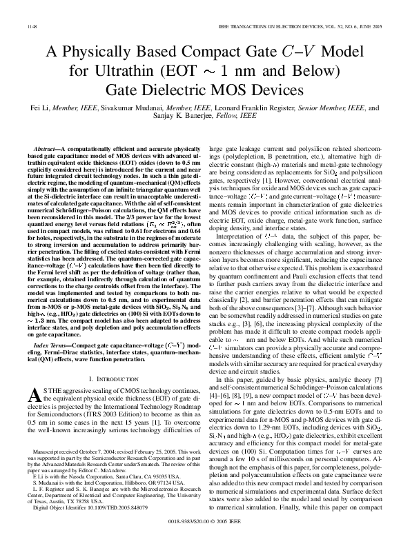 (PDF) A Physically Based Compact Gate $Chbox--V$ Model for Ultrathin (EOT $sim1~hbox nm$ and ...