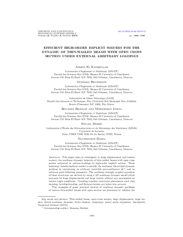 (PDF) Efficient high-order implicit solvers for the dynamic of thin-walled beams with open cross ...