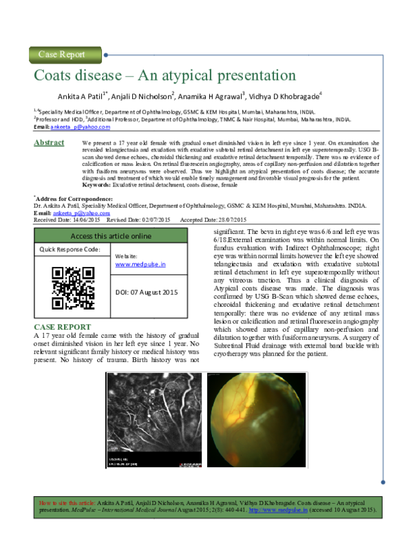 (PDF) Coats disease-An a CASE REPORT An atypical presentation