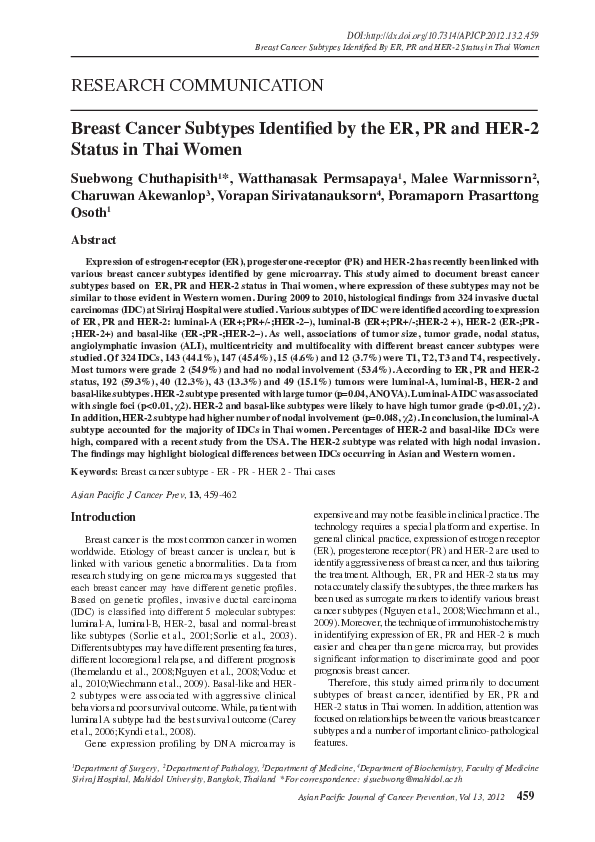 (PDF) Breast Cancer Subtypes Identified by the ER, PR and HER-2 Status in Thai Women