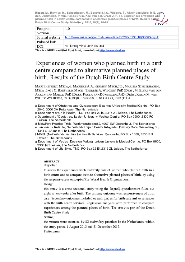 (PDF) Experiences of women who planned birth in a birth centre compared ...
