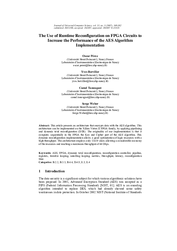 Pdf The Use Of Runtime Reconfiguration On Fpga Circuits To Increase The Performance Of The Aes 