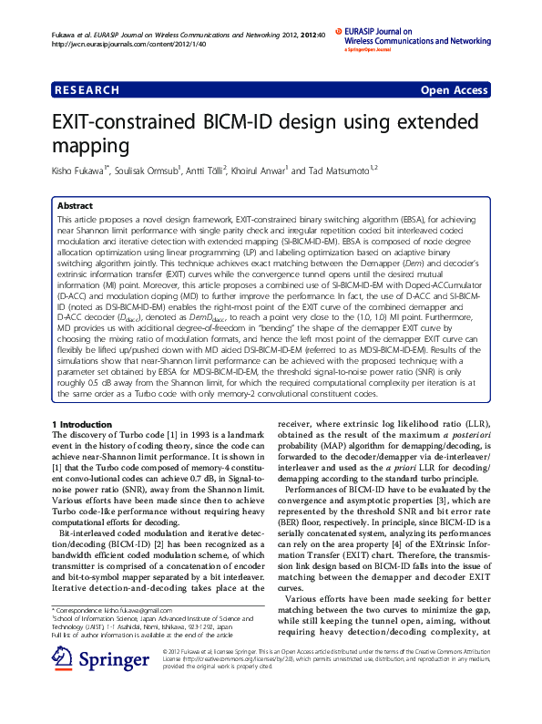 Pdf Exit Constrained Bicm Id Design Using Extended Mapping