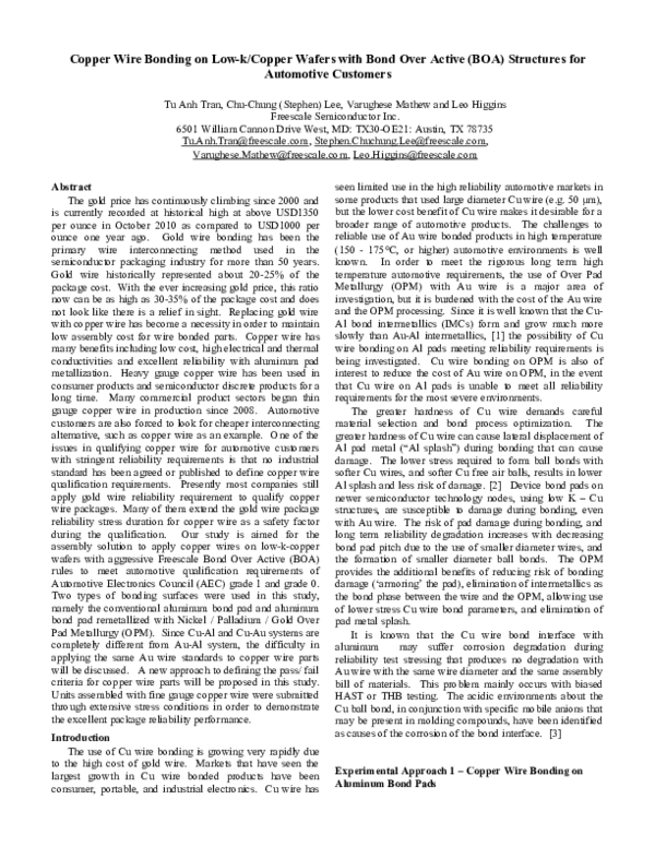 (DOC) Copper wire bonding on low-k/copper wafers with Bond Over Active (BOA) structures for ...
