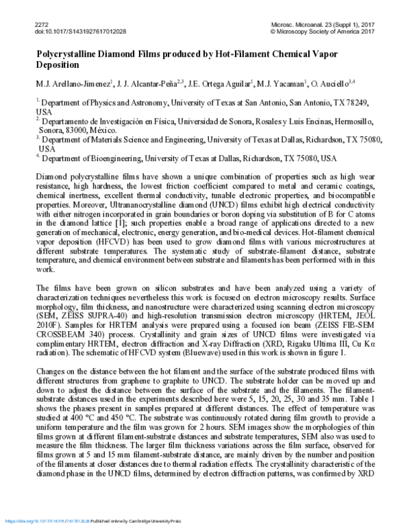 (PDF) Polycrystalline Diamond Films produced by Hot-Filament Chemical ...