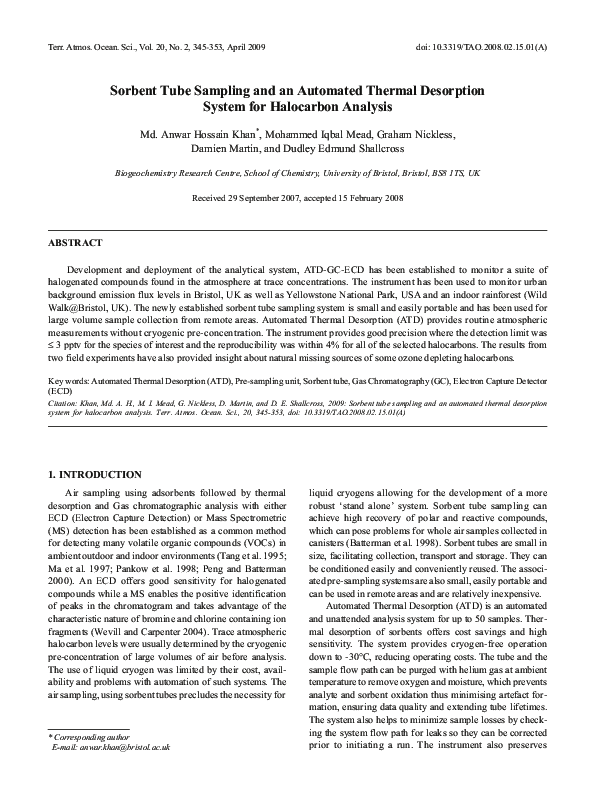 (PDF) Sorbent Tube Sampling and an Automated Thermal Desorption System for Halocarbon Analysis