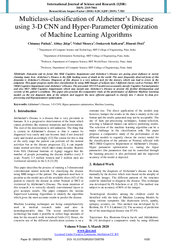 Pdf Multiclass Classification Of Alzheimer‟s Disease Using 3 D Cnn And Hyper Parameter