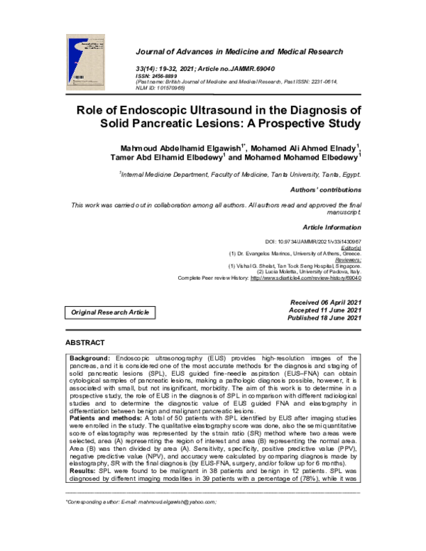 (PDF) Role of Endoscopic Ultrasound in the Diagnosis of Solid Pancreatic Lesions: A Prospective ...