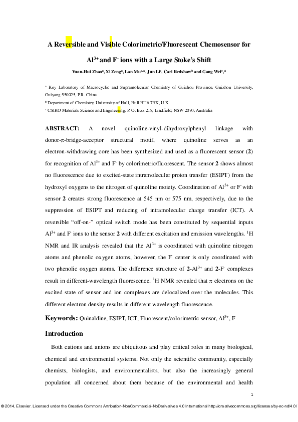 (PDF) A reversible and visible colorimetric/fluorescent chemosensor for ...