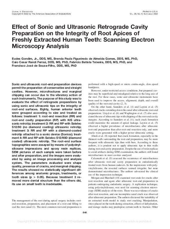 (PDF) Effect of Sonic and Ultrasonic Retrograde Cavity Preparation on ...