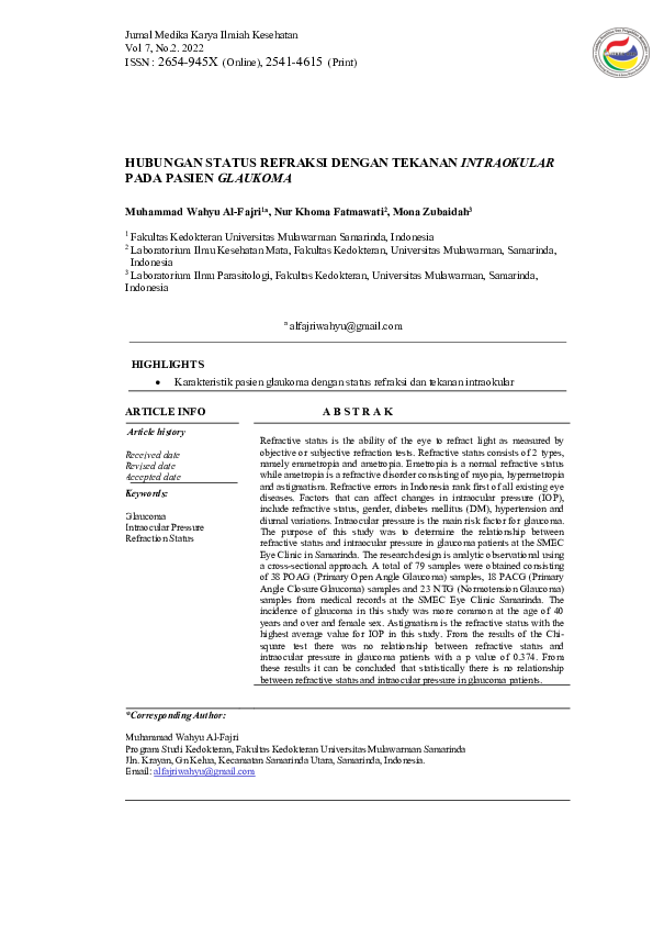 (PDF) Hubungan Status Refraksi dengan Tekanan Intraokular Pada Pasien ...