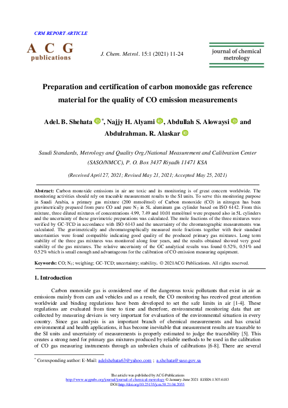 (PDF) Preparation and certification of carbon monoxide gas reference ...