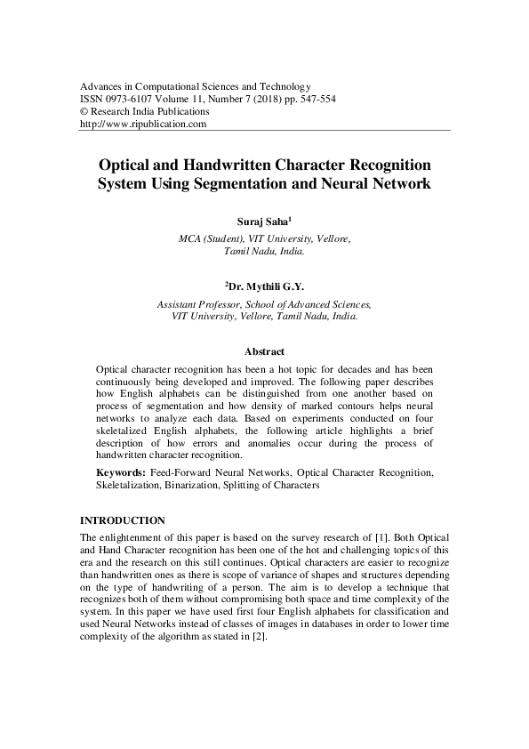 Pdf Optical And Handwritten Character Recognition Using Neural Network And Segmentation