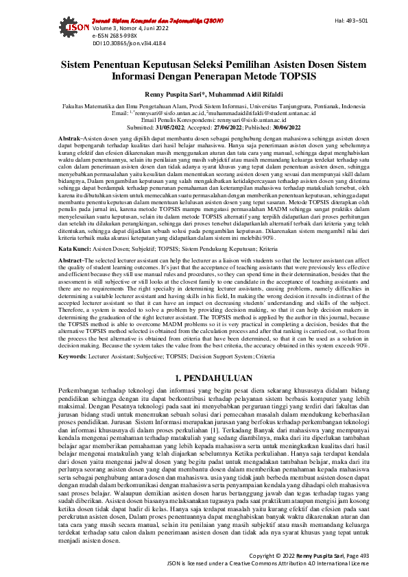 (PDF) Sistem Penentuan Keputusan Seleksi Pemilihan Asisten Dosen Sistem Informasi Dengan ...